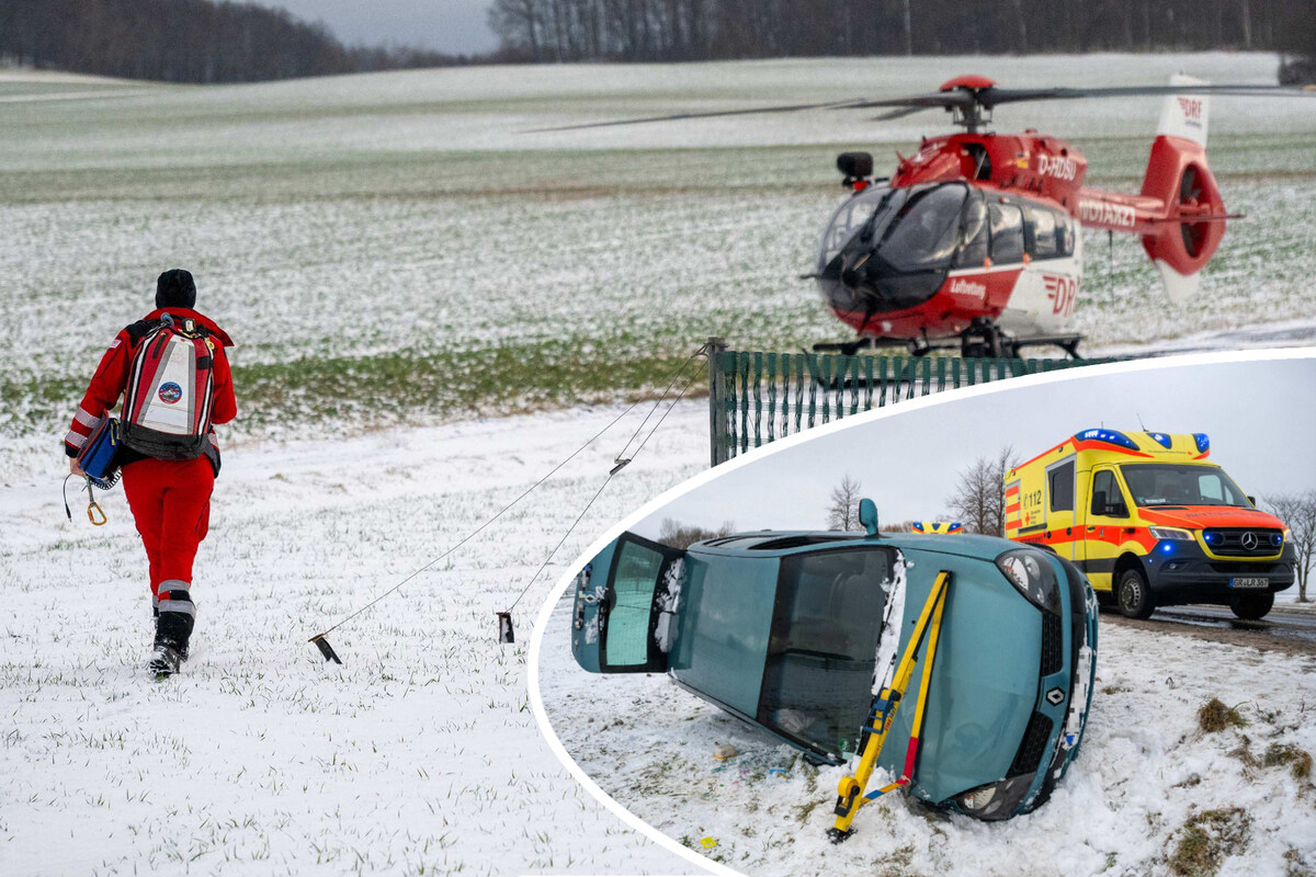 Undfall in Bertsdorf-Hörnitz: Kleinwagen landet auf der Seite, Rettungsheli im Einsatz