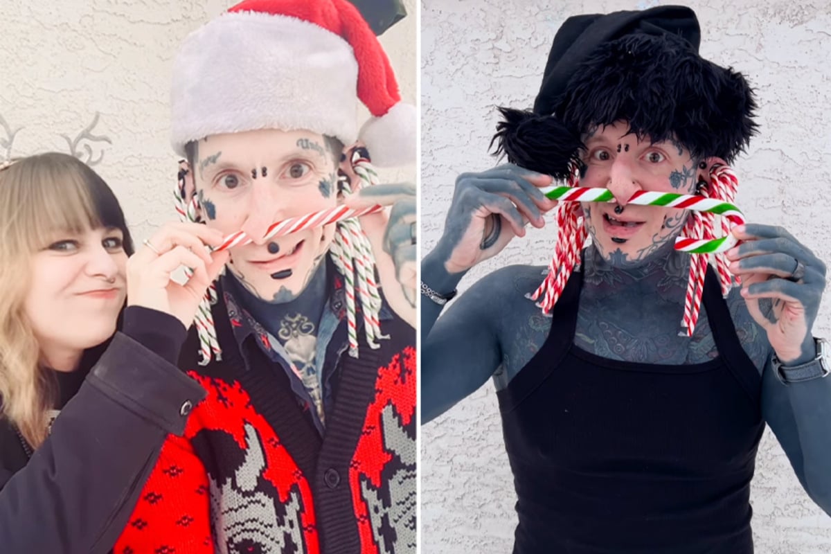 Body modification enthusiast decks the halls with candy canes for gauges!