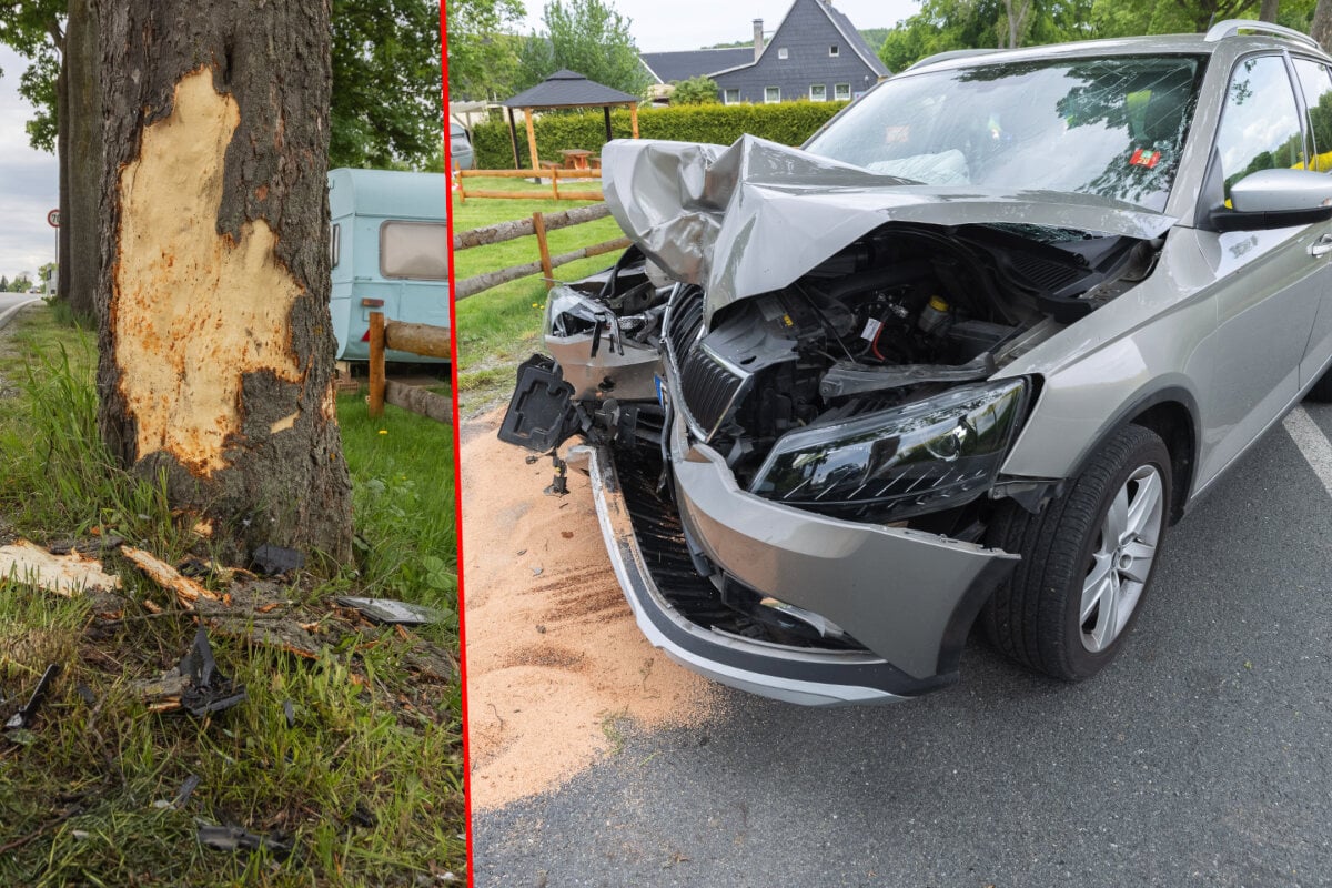 Schwerer Unfall im Erzgebirge: Skoda-Fahrerin rast gegen Baum, landet im Krankenhaus