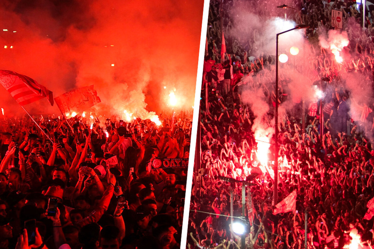 Conference League: Fans von Olympiakos Piräus feiern riesige Pyro-Party ...