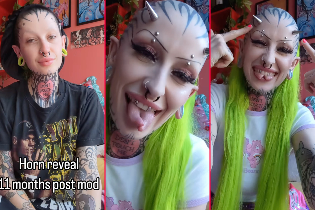 Tattooed woman gets tongue split in half and horns embedded in forehead