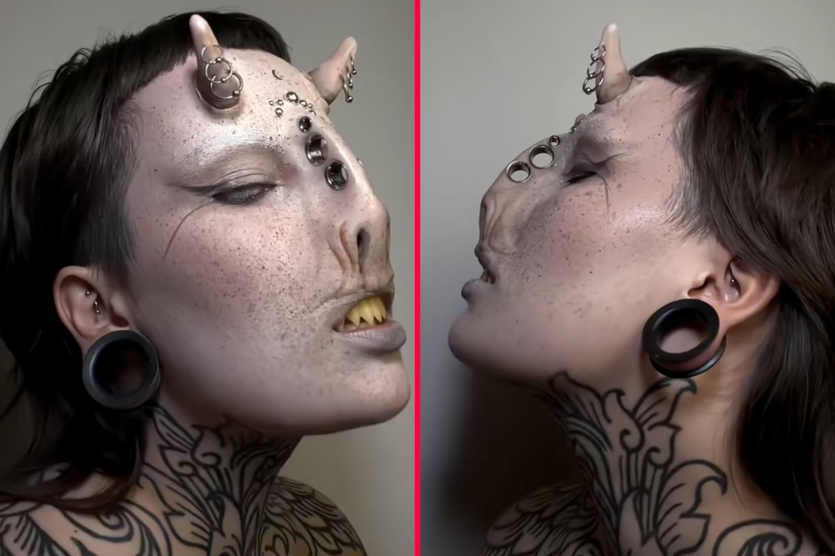 Tattoo addict transforms into an alien with radical body mods and horn implants