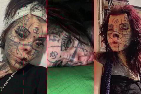 Body mod fanatic tattoos her eyeballs and gives herself human horns
