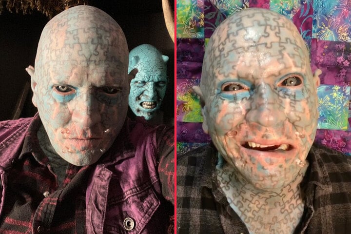 Tattooed street performer turns body into giant jigsaw puzzle for world ...