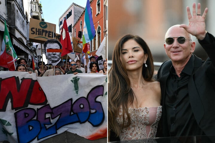 "Eat the rich": Hundreds of protestors demonstrate against lavish Bezos ...