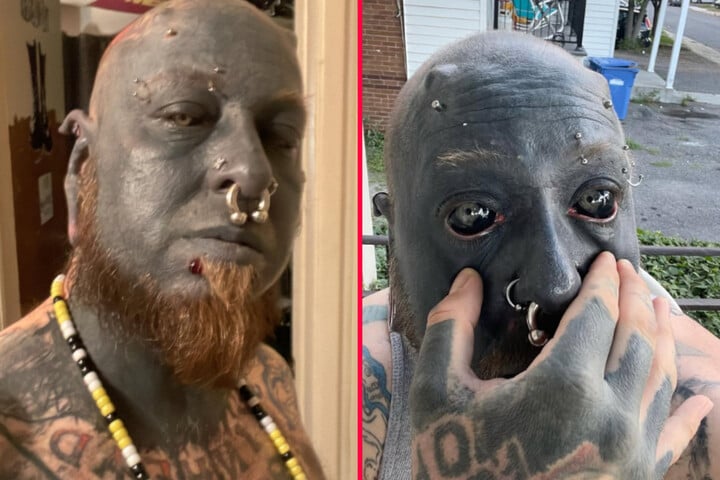 Tattoo fanatic blacks out entire body and gives himself demon horns
